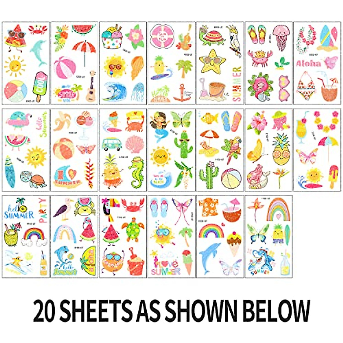 Glitter Summer Tattoos Temporary For Kids Hawaiian Luau Themed Tattoos Tropical Beach Waterproof Tattoos Stickers Pool Party Favors Decoration Supplies For Adults