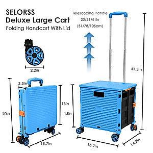 SELORSS Foldable Utility Cart Portable Collapsible Crate Rolling Carts with Wheels Rolling Tote Basket Teacher Cart with Lid Wear-Resistant 360°Rotate Wheel Noiseless for Shopping Storage Office Use