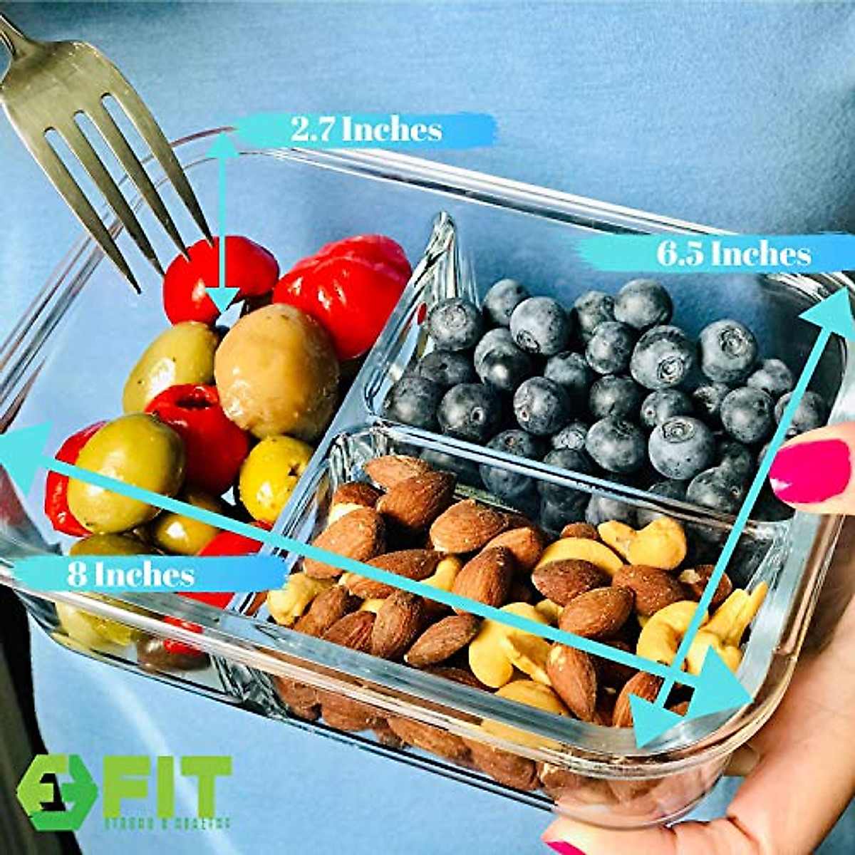 FIT Strong & Healthy 3 Compartment Glass Meal Prep Containers (3 Pack, 32 oz) - Glass Food Storage Containers with Lids, Glass Lunch Box, Glass Bento Box Lunch Containers, Portion Control, Airtight