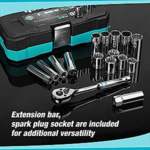 DURATECH 3/8" Drive Socket Set, 40 Piece Tool Set Including Standard (SAE) and Metric Sockets, 90-Tooth Ratchet Handle and Extension Bar