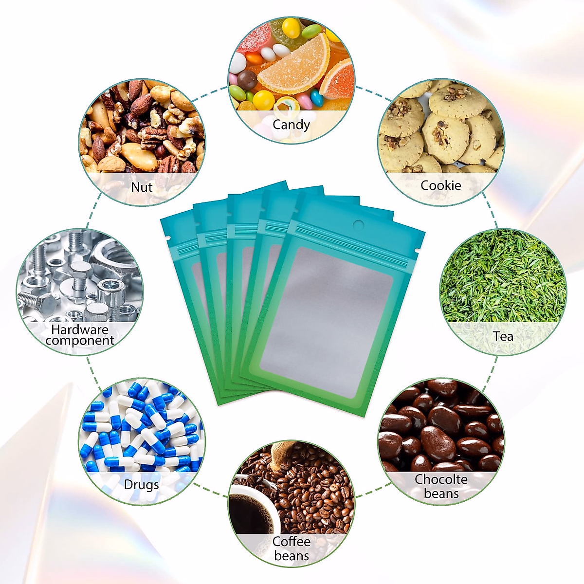 Funfery 100 Pack Smell Proof Resealable Bags for Food Storage,Cute Mylar Clear Bags for Small Business Foil Pouch Ziplock Packaging Bags for Sample Jewelry Eyelash Gloss(Blue Green,2.7X3.9in)