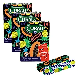 Curad Kendra Dandy Designer Adhesive Fabric Bandages (90 Count), 2 Colorful Patterns - Pineapples and Papayas, First Aid Bandages are .75" x 3", 30 Count Boxes (3 Pack)