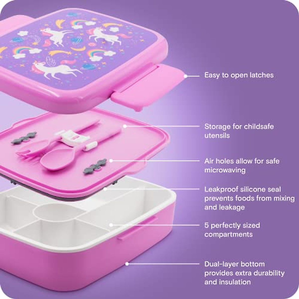 RUVALINO Bento Lunch Box for Kids, 5-Compartment Bento-Style Kids Lunch Box with Utensils, Leak-Proof, Dishwasher Safe, Pre-School Kid Daycare Lunches Snack Container for Ages 5 and up, Unicorn