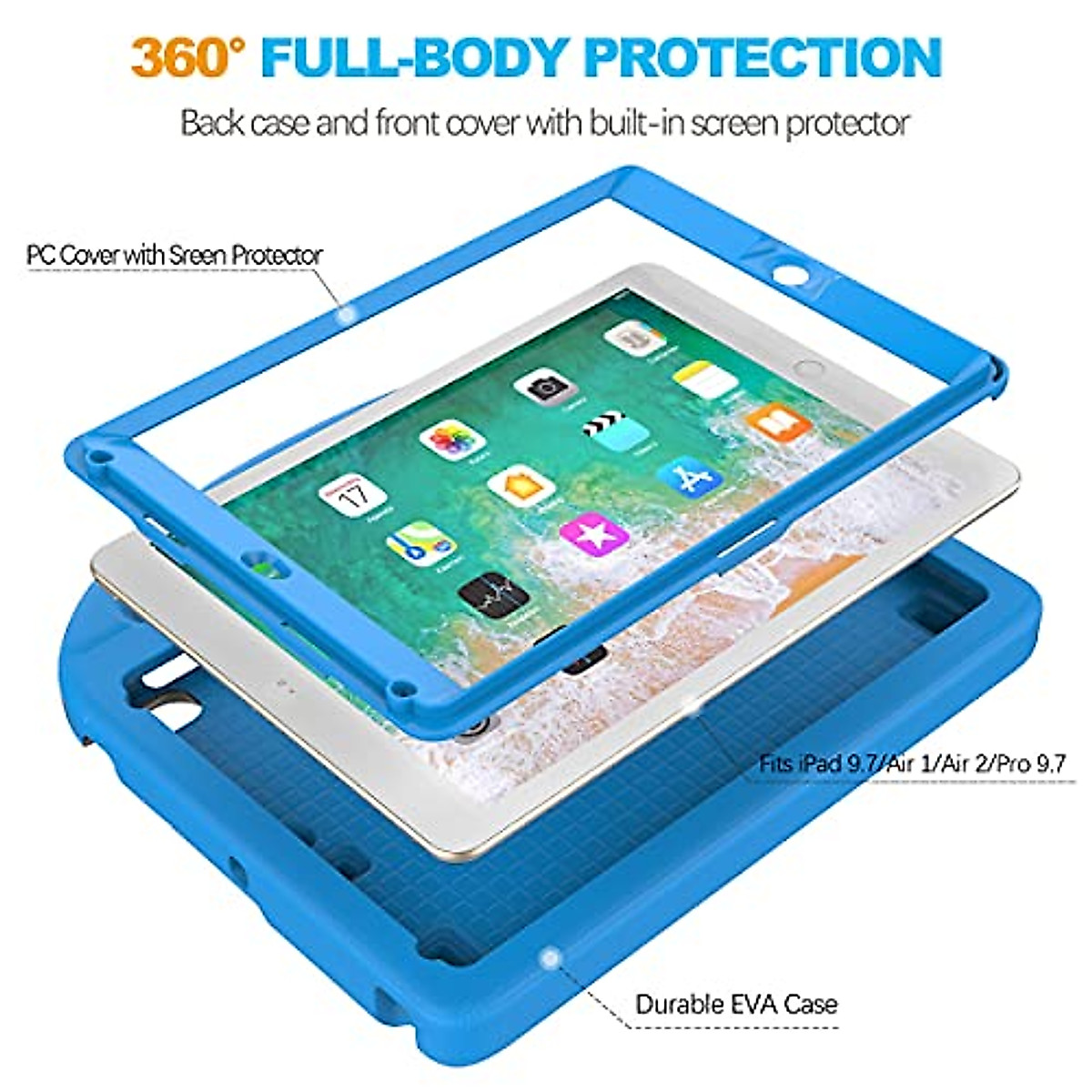 RTOBX Case for iPad 6th/5th Generation, with Built-in Screen Protector, Durable Shockproof Handle Stand Protective Cover for 9.7 inch iPad 6/5 Gen/Air 1/2/Pro 9.7, Blue