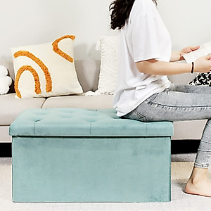 B FSOBEIIALEO Folding Storage Ottoman, Long Ottomans Shoes Bench, Velvet Storage Chest Footrest Seat 31.5"x15.7"x15.7" (Teal, Large)