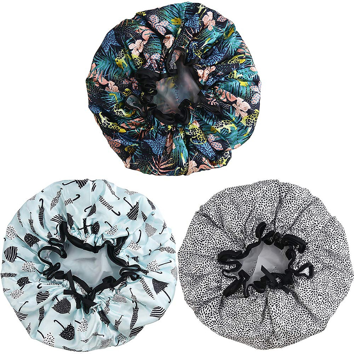 Shower Caps, 3 PACK Bath Cap for Women Waterproof & Adjustable Double Layered Shower Cap (Multi-colored8)