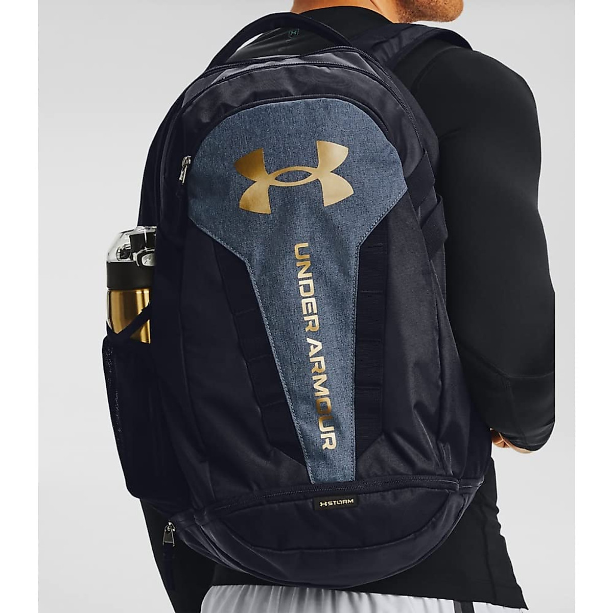 Under Armour unisex-adult Hustle 5.0 Backpack , Black (004)/Metallic Gold Luster , One Size Fits All