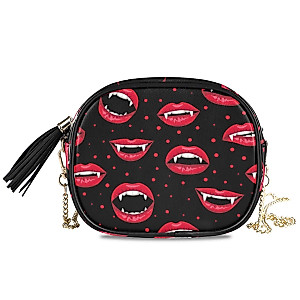 ALAZA Women's Seamless Halloween Pattern with Red Vampire Lips48 Cross Body Bag Chain Shoulder Handbag Purse with Tassel