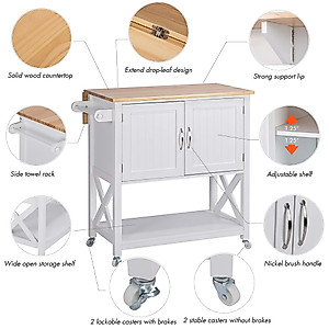 Spirich Kitchen Island on Wheels, Rolling Kitchen Cart with Storage Cabinet, Small Kitchen Island with Drop Leaf and Towel Rack for Dining Room, White