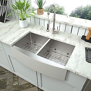 Mocoloo 33 Inch Farmhouse Sink Double Bowl 50/50 Stainless Steel 16 Gauge Apron Front Farm Kitchen Sink