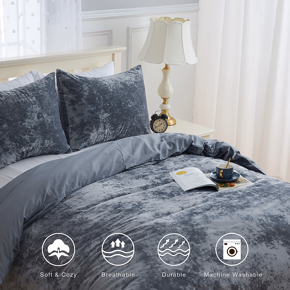 CAROMIO Velvet Duvet Cover Bedding Set Queen Size, Luxury Ultra Soft Velvet Comforter Cover 3 Pieces (1 Duvet Cover + 2 Pillow Shams, Grey)