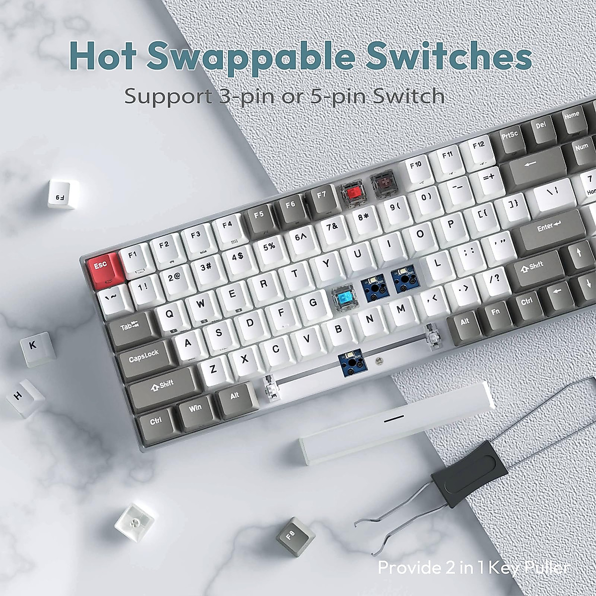 RK ROYAL KLUDGE RK100 Wireless Mechanical Keyboard RGB Backlit Bluetooth5.1/2.4G/Wired 96% Full Size 100-Key Hot Swappable Gaming Keyboard Red Switch Classic