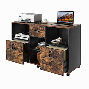 Oqefuoe Wood File Cabinet with Lock, 3 Drawer Office Storage Cabinet Printer Stand Mobile Lateral Filing Cabinet with 4 Open Shelves for Home Office, Rustic Brown