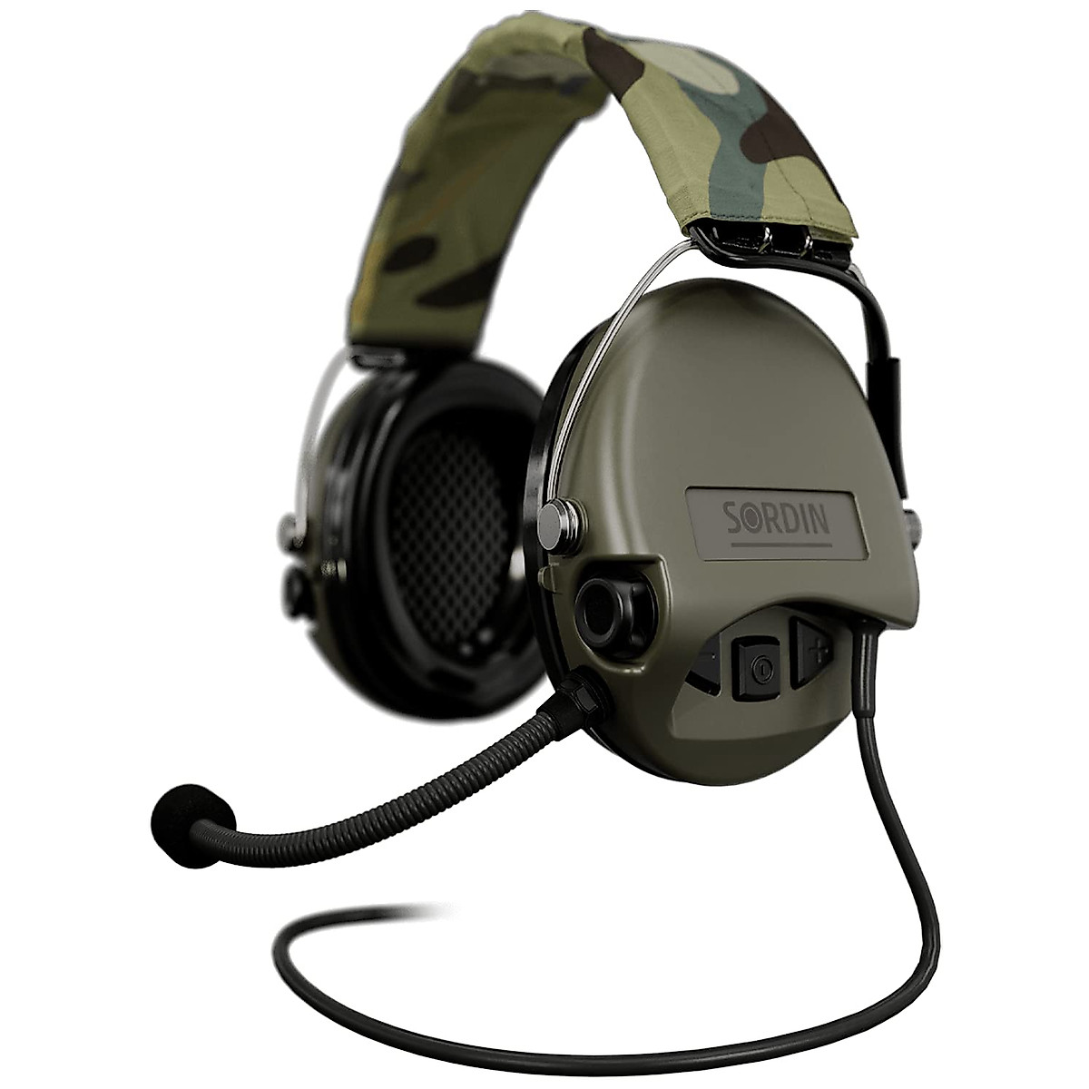 Sordin Supreme MIL CC Active Ear Defenders - Camo Band & Foam Kits - Nexus TP120 Downlead - Green Ear Muffs