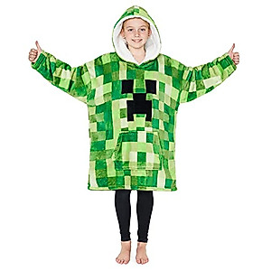 Minecraft Fleece Hoodie Blanket for Kids and Teenagers One Size Kids Fleece Poncho with Sherpa-Lined Hood Gifts for Gamers (Light Green)