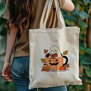 Bookish Gifts Book Lovers Gifts Halloween Tote Gift Pumpkin Ghost Book Tote Bag for Women Her Grocery Shopping Travel Gym Weekender Vacation Womens Work Tote Bag Gifts for Books Lovers