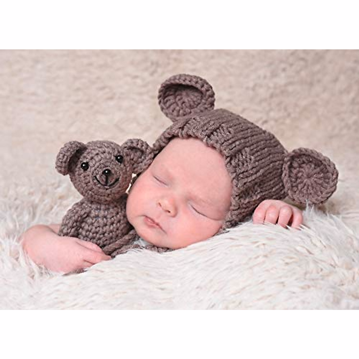 Lppgrace Newborn Baby Girls Boys Bear Hat Beanie with Bear Dolls Photography Accessories (Brown)