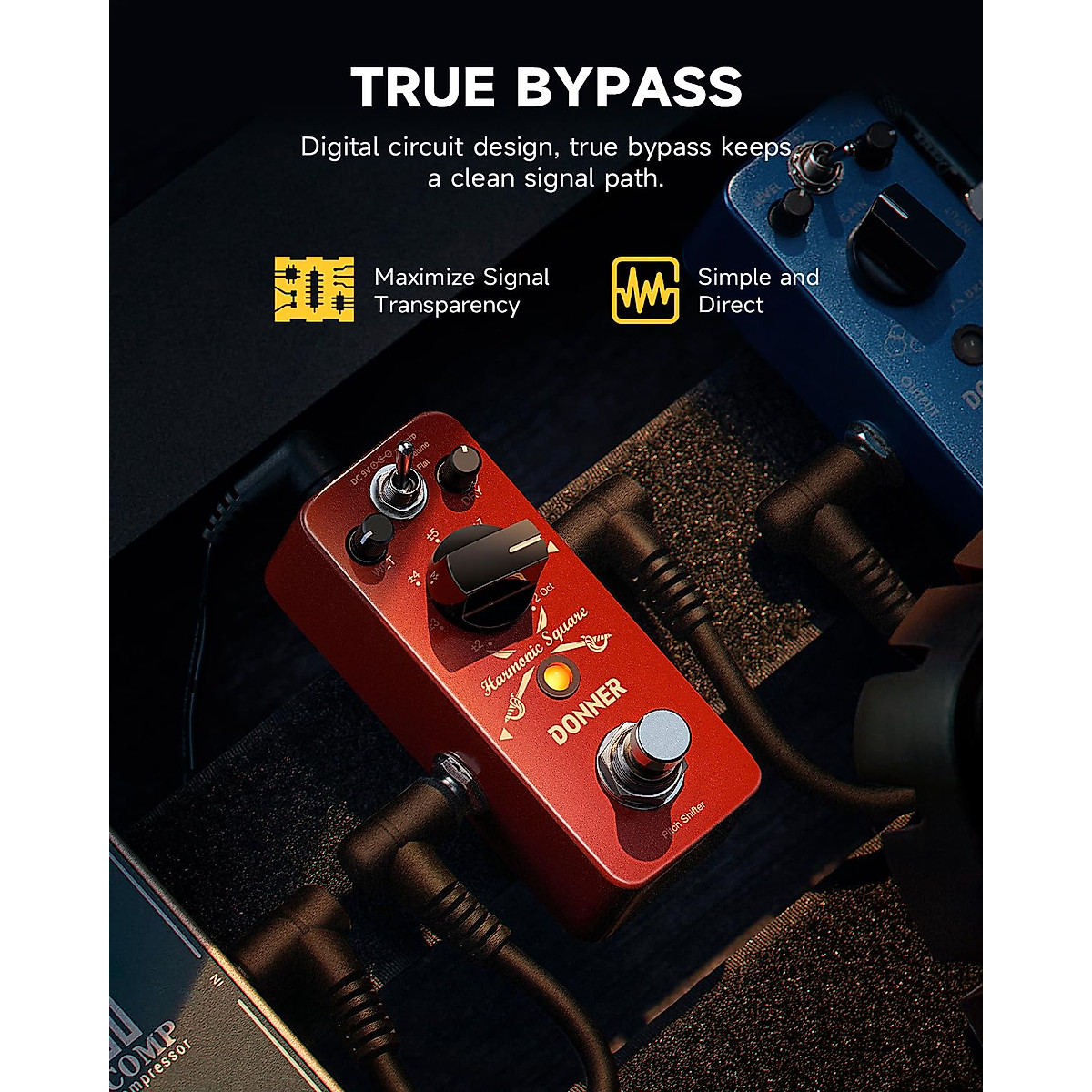 Donner Octave Guitar Pedal, Harmonic Square Digital Octave Mini Pedal Pitch Shifter 7 Shift Types 3 Tone Modes Sharp Detune Flat True Bypass