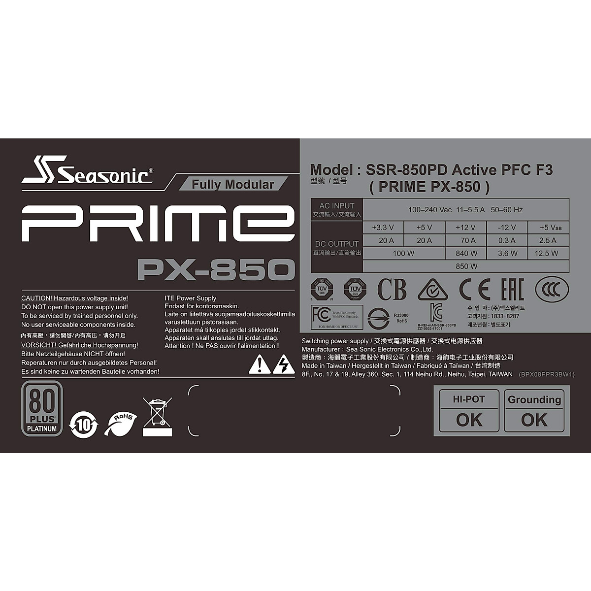 Seasonic Prime PX-850, 850W 80+ Platinum, Full Modular, Fan Control in Fanless, Silent, and Cooling Mode, 12 Year Warranty, Perfect Power Supply for Gaming and High-Performance Systems, SSR-850PD.