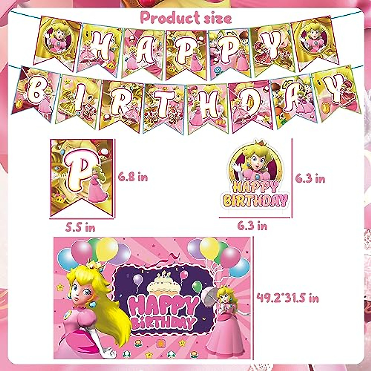 Mario Princess Peach Birthday Party Supplies for Girls, Princess Peach Party Decorations Include Banner, Princess Peach Balloon, Backdrop, Cupcake Toppers for Princess Peach Birthday Decorations
