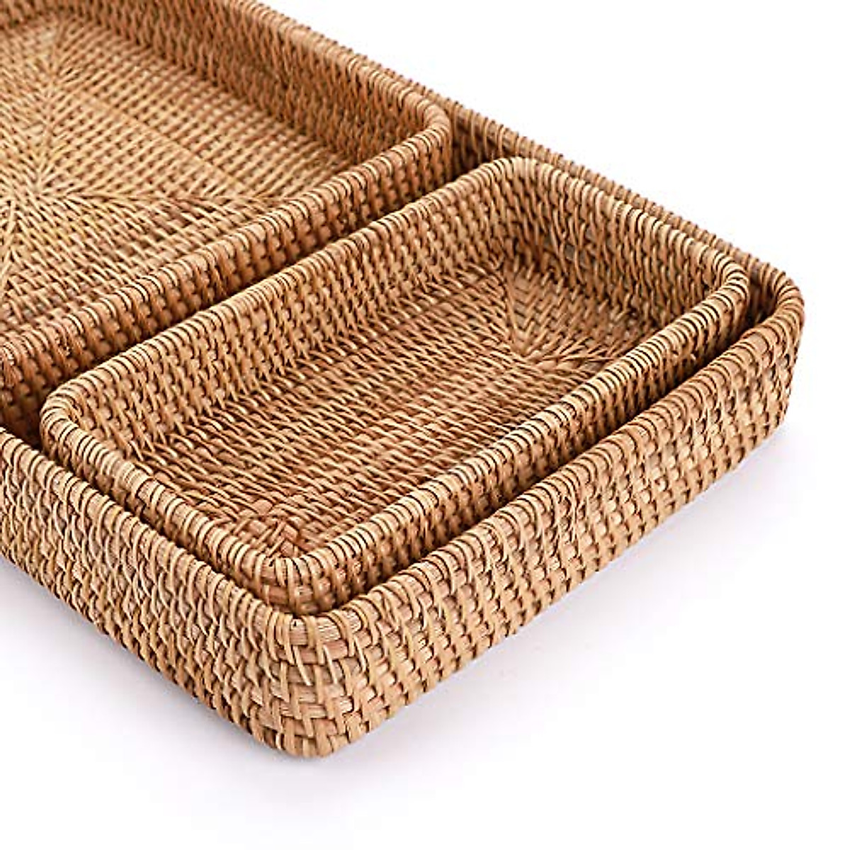 Hipiwe Large Rattan Serving Tray, Handwoven Wicker Basket Organizer Tray, Rectangle Tabletop Breakfast Drinks Snack Fruit Storage Platter Tray for Dining, Coffee, Home Decor (Set of 3)