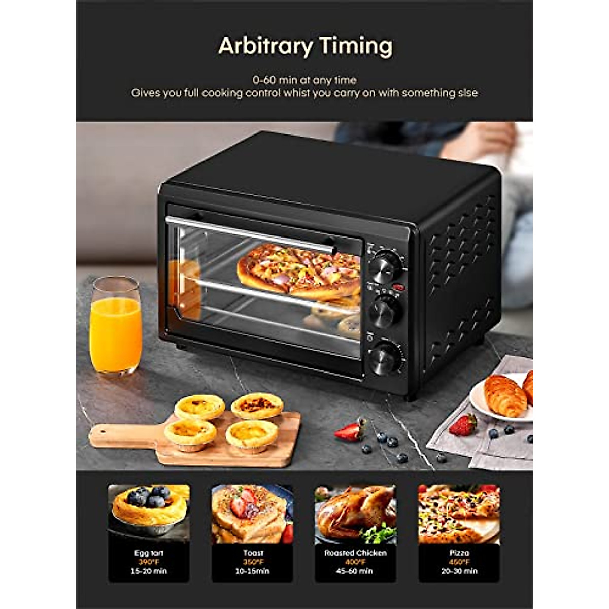 Toaster Oven, 6-Slice Toaster and Countertop Oven, Stainless Steel Multifunction Toaster Oven with Timer - Toast - Bake - Broil 1500 Watt Power Includes Baking Pan and Baking Rack, Black, 24QT