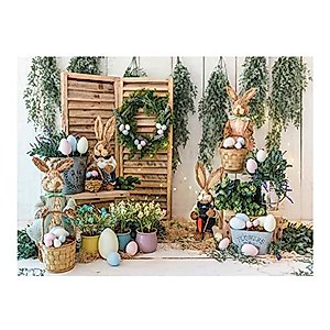 Funnytree 8x6ft Durable Fabric Happy Easter Photography Backdrop No Wrinkles Spring Wooden Wall Colorful Eggs Rabbit Background Baby Shower Kids Birthday Party Decor Portrait Banner Photo Booth Props