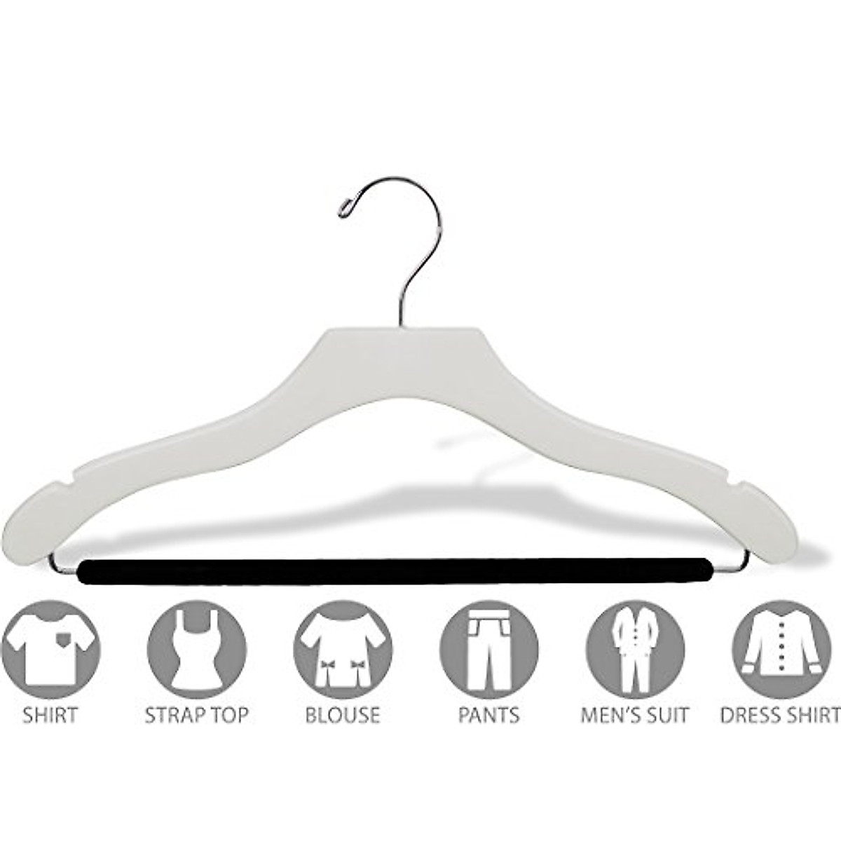 The Great American Hanger Company Wavy White Wood Suit Hanger w/Velvet Non-Slip Bar, Box of 25 Space Saving 17 Inch Flat Wooden Hangers w/Chrome Swivel Hook & Notches for Shirt Dress or Pants