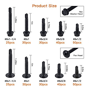 350PCS Self Tapping Screws Assortment, Black #8 Self Tapping Screws for Metal & Plastic with 410 Stainless Steel, Hex Washer Head & Phillips Round Head Self-Tapping Screws for Building & Repair