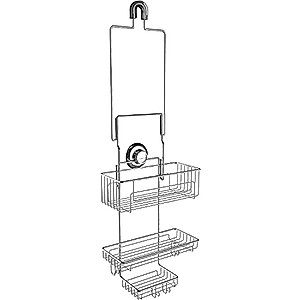 Gecko-Loc Long Adjustable Length Deep Storage Over the Showerhead Hanging Shower Caddy Organizer - Silver