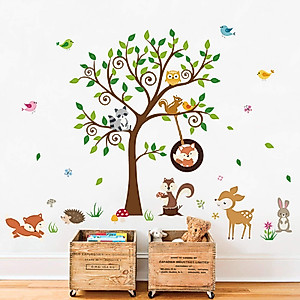 decalmile Forest Animals Tree Wall Decals Fox Squirrel Deer Wall Stickers Baby Nursery Kids Bedroom Playroom Wall Decor