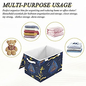 innewgogo Golden Anchor Sailing Ship Storage Bins with Lids for Organizing Cube Cubby with Handles Oxford Cloth Storage Cube Box for Car