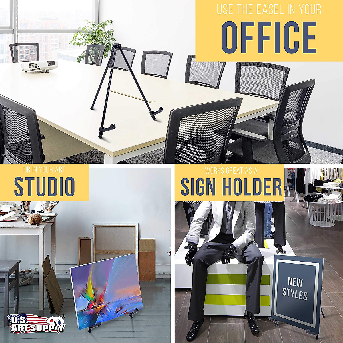 U.S. Art Supply 14" High Exhibitor Black Steel Tabletop Instant Display Easel - Small Portable Tripod Stand, Adjustable Holders - Display Paintings, Framed Pictures, Event Signs, Posters, Holds 5 lbs