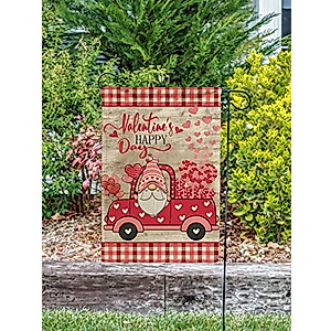 Valentines Day Gnome Truck Garden Flag 12x18 Double Sided, Red Pink Happy Valentine's Day Decor Outdoor Home Cute Sign, Day flag for outside