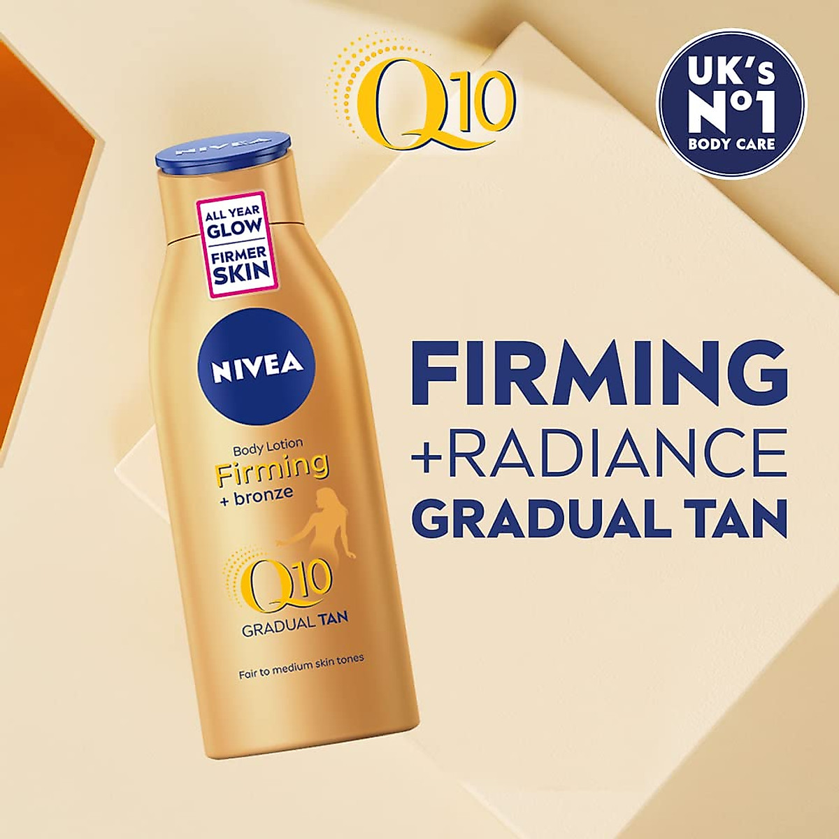 NIVEA Q10 Firming Plus Radiance Gradual Tan (400 ml), Tan Activating Firming Cream with Q10, Supports a Gradual Tan, Tanning Moisturiser for a Sun-Kissed Radiant Glow