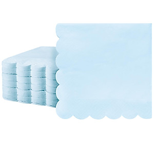 100 Pcs Scalloped Cocktail Napkins Thick Paper Napkins Disposable Party Napkins Beverage Napkins for Wedding Dinner Birthday Supplies, 5 x 5 Inches (Light Blue)
