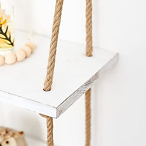 Mkono Hanging Shelves 3 Tier White Wood Wall Mount Floating Shelf with Rope Boho Decor for Living Room Bathroom Bedroom Kitchen Apartment - Rustic Wood Decorative Storage Shelf