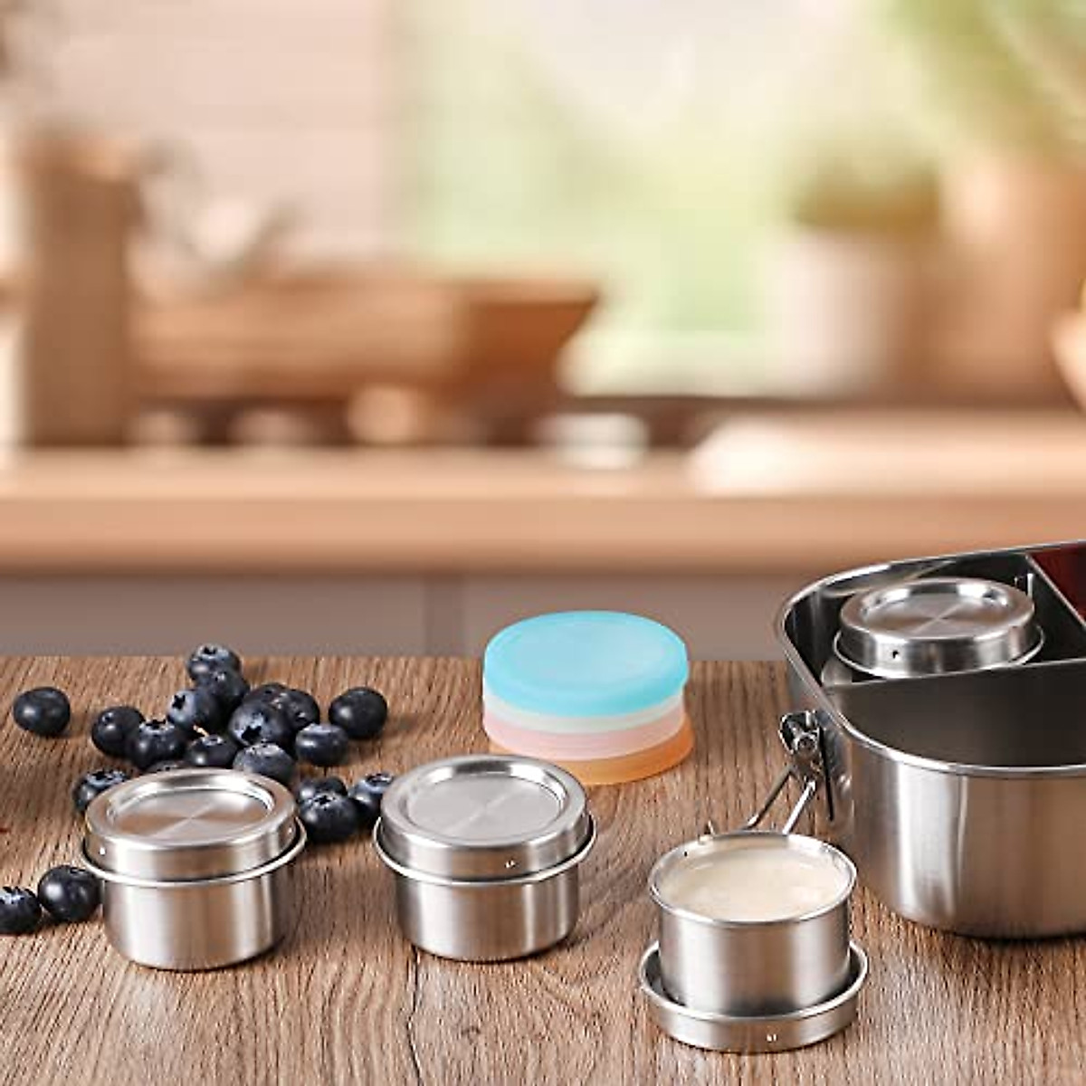 Kieaisy Salad Dressing Container To Go, 4x1.6oz Small Condiment Containers with Lids, Stainless Steel Leakproof Dips Condiment Containers, Dressing/Sauces/Snacks Container