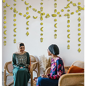 JKQ 4 Strings Gold Ramadan Mubarak Hanging Decorations Moon Star Lantern Muslim Ramadan Kareem Streamer Garlands Islamic Eid Mubarak Festival Celebration Wedding Birthday Party Ceiling Decorations