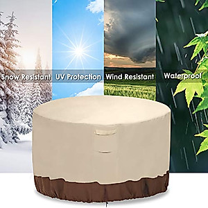 Vailge Fire Pit Cover,100% Waterproof Round Patio Fire Bowl Cover,Outdoor Heavy Duty Gas Firepit Table Covers with Air Vent and Handle,50”D x 24”H,Beige & Brown