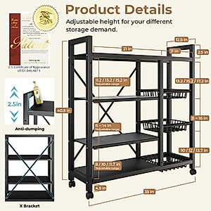 Storage Shelves, Adjustable 4-Tier Kitchen Shelves with 3 Wire Baskets, Kitchen Organizers and Storage, Metal Shelf Rack with Wheels for Garage, Pantry, Bathroom, Closet, House Warming Gifts New Home