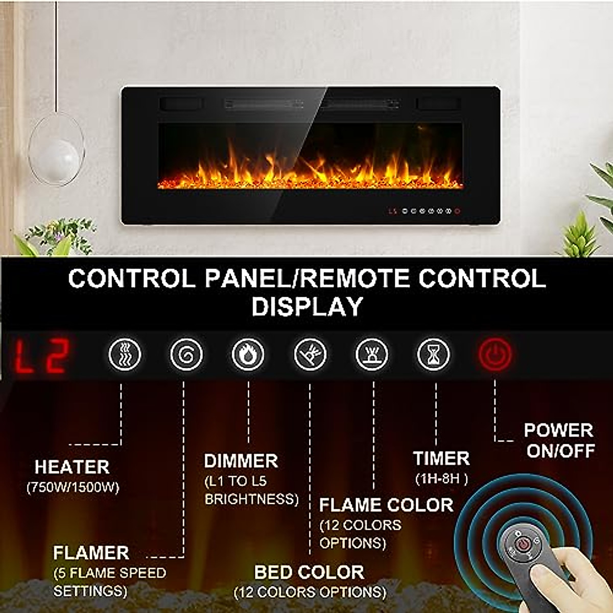 BREEZEHEAT 50inch Electric Fireplace Recessed Wall Mounted-Ultra Thin Fireplace Heater for Living Room/Bedroom with 2 Heat Vents, Remote Control, Touch Screen, Adjustable Flame, 8H Timer, 750w/1500w