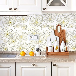 Nukofal Lotus Leaf Wallpaper Peel and Stick Wallpaper Lotus Floral Wallpaper 17.7In x 118.1In Leaf Contact Paper Gold and White Wallpaper Modern Removable Wallpaper Self Adhesive Wall Paper Vinyl