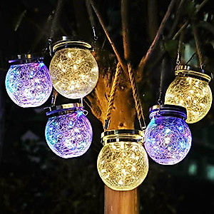 Solar Lantern Solar Lights Outdoor Waterproof 6-Pack,2 Modes Multi-Color+ Warm Solar Powered Hanging Lights Cracked Glass Hanging Globes for Christmas Decoration, Shepherd Hook, Garden Tree Ornaments