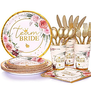 LOOWVY Bachelorette Party Supplies Gold Team Bridal Shower Paper Plates Cup Napkins Disposable Tableware Set for Engagement Wedding Party Bachelorette Party Favors Decorations,Serves 24