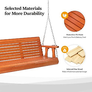 VINGLI Heavy Duty 880 LBS Patio Porch Swing Outdoor with Cup Holder, Hanging Chair with Adjustable Secure Chains, Pine Wood Outdoor Bench Tree Swing for Yard | Garden | Lawn | Balcony (5 FT, Brown)