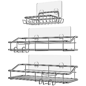 Nieifi Shower Caddy Basket with Hooks Soap Dish Holder Shelf for Shampoo Conditioner Bathroom Kitchen Storage Organizer SUS304 Stainless Steel Adhesive No Drilling - 3 Pack