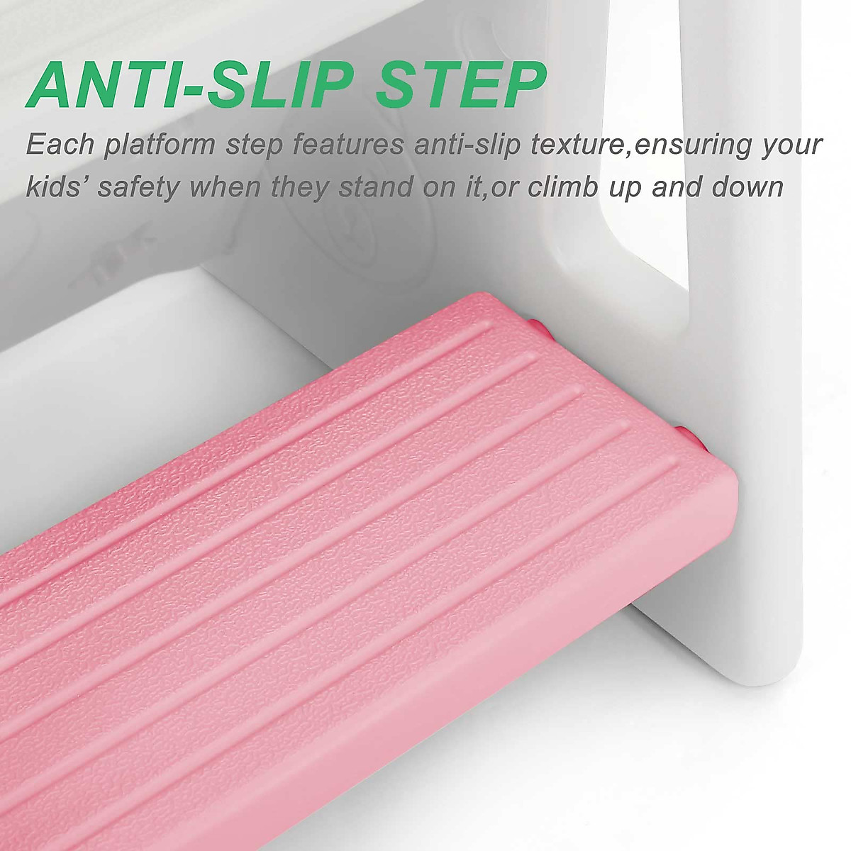 Nursery Kitchen Step Stool w/ 3 Adjustable Heights Toddler Standing Tower Kids Learning Stool w/Double Safety Rails & Non-Slip Foot Pads Cooking Stool Stand Helper Bathroom Counter Footstool (Pink)