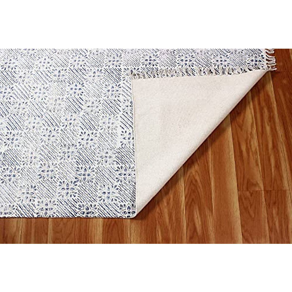 Casavani Hand Made Cotton Dhurrie Abstract Blue & Beige Tassel Rug Easy Care Washable Rugs for Doormat Entryway Living Room Bedroom Hallway Balcony 12x12 Feet Square