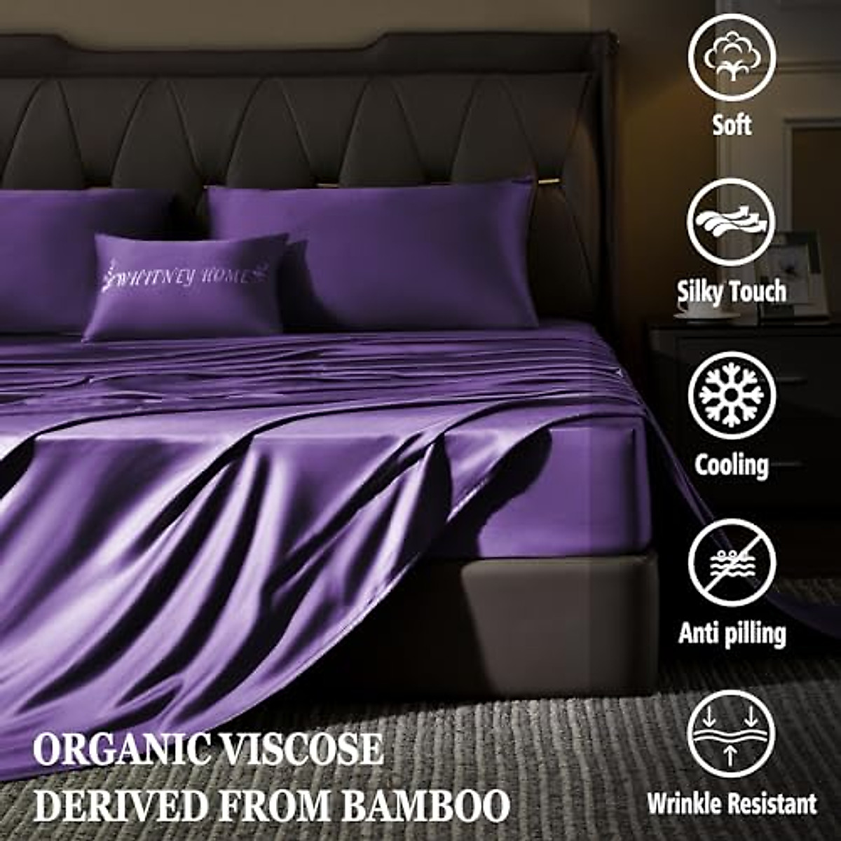 Whitney Home Textile Twin Size Sheet Set - Rayon Derived from Bamboo, Luxury Cooling Bed Sheets, 16" Extra Deep Pocket, Soft & Breathable Hotel Bedding Sheets and Pillowcases Sets